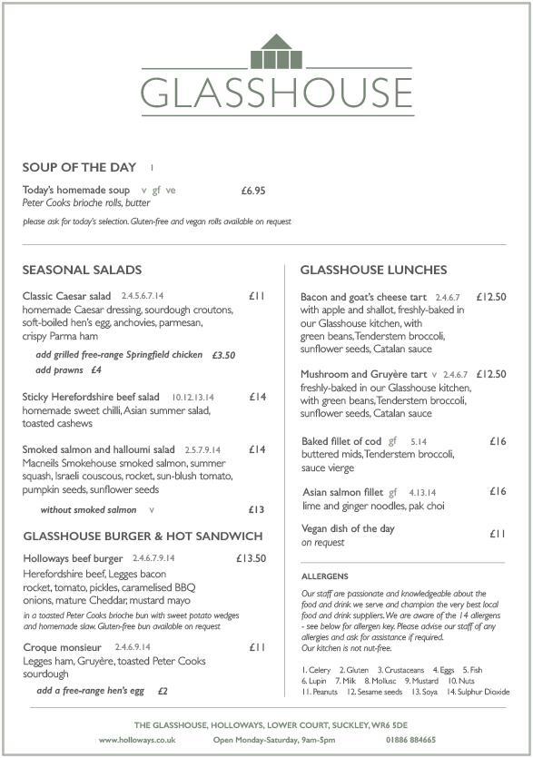 The Glasshouse Menus | Holloways